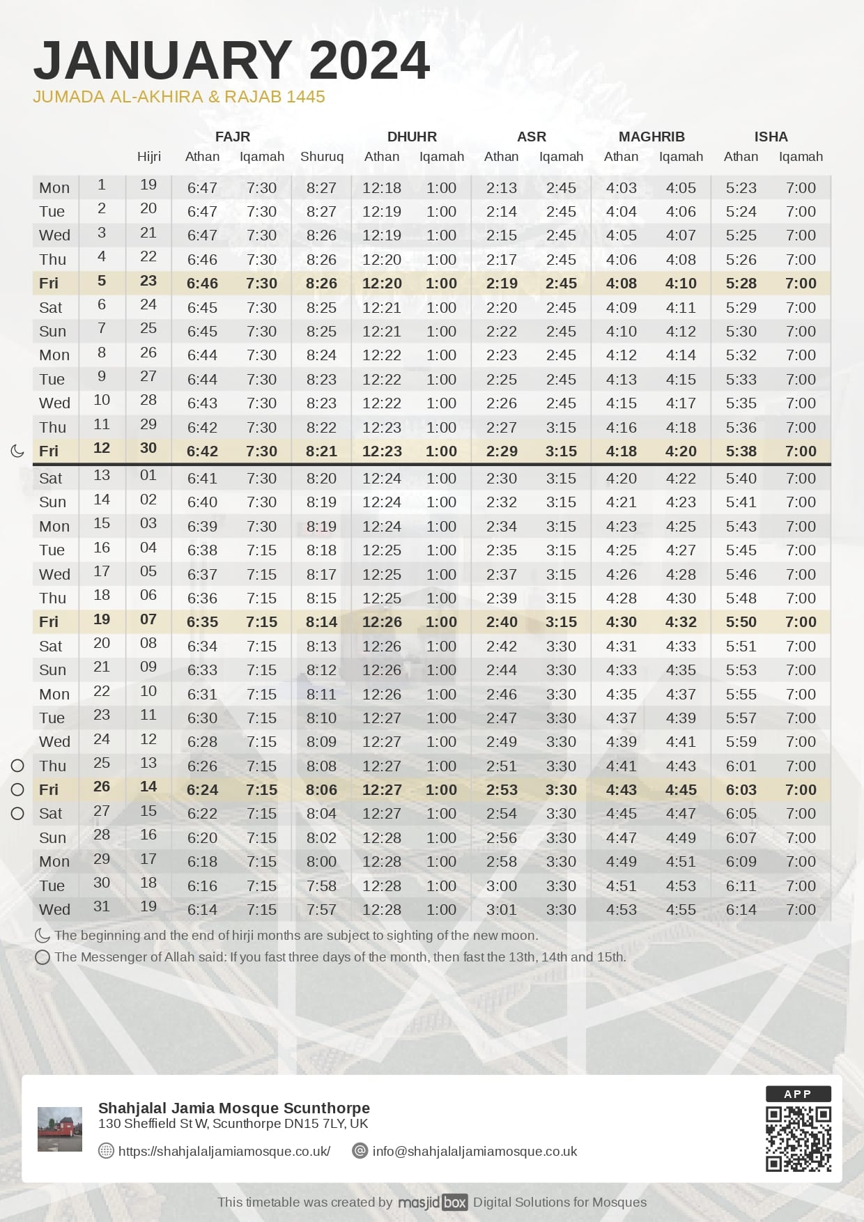 Prayer Timetable – Shahjalal Jamia Mosque Scunthorpe